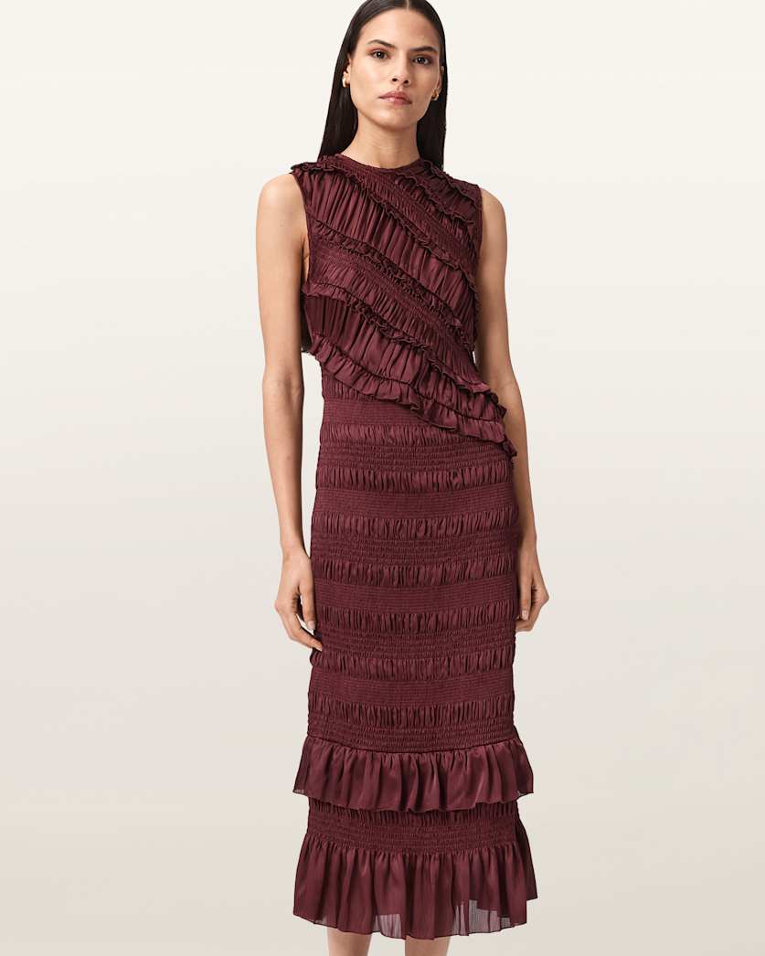 Nyla Ruffled Midi Dress TAWNY PORT RED | ALLSAINTS